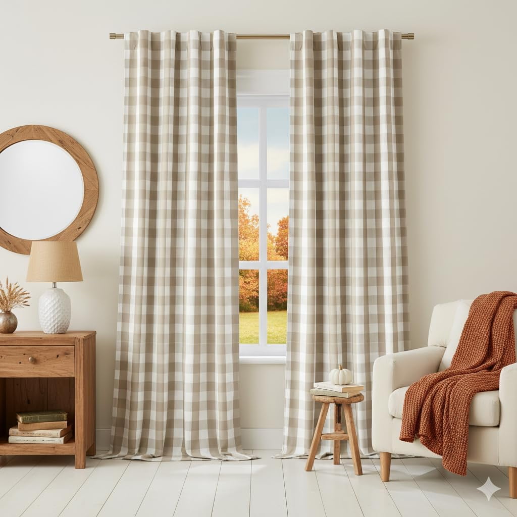 Click here for Rnrokq Beige White Buffalo Plaid Blackout Curtains... prices