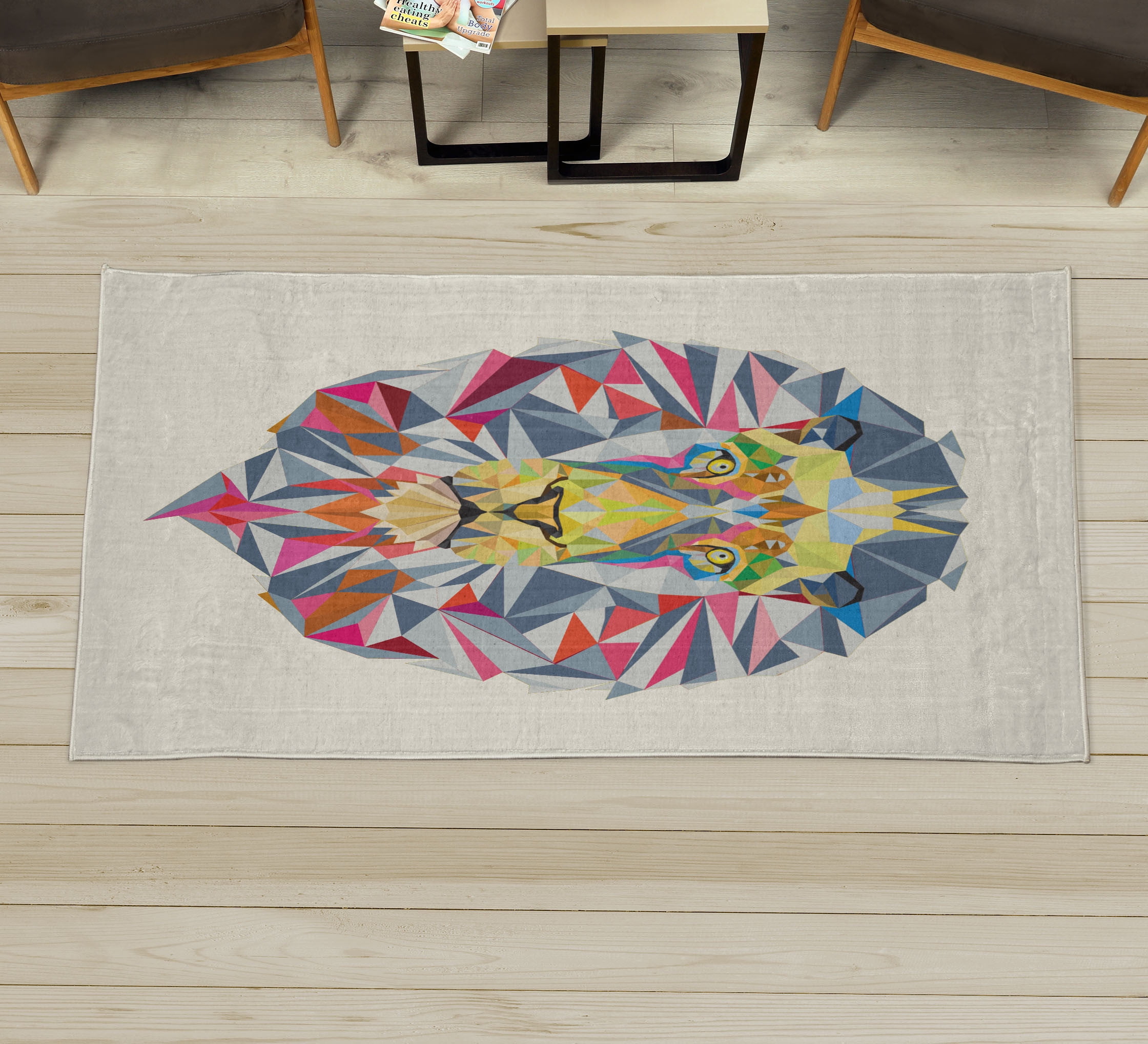 Zoo Decorative Rug, Colorful Animals Geometric Diamond Face Lions Mane ...