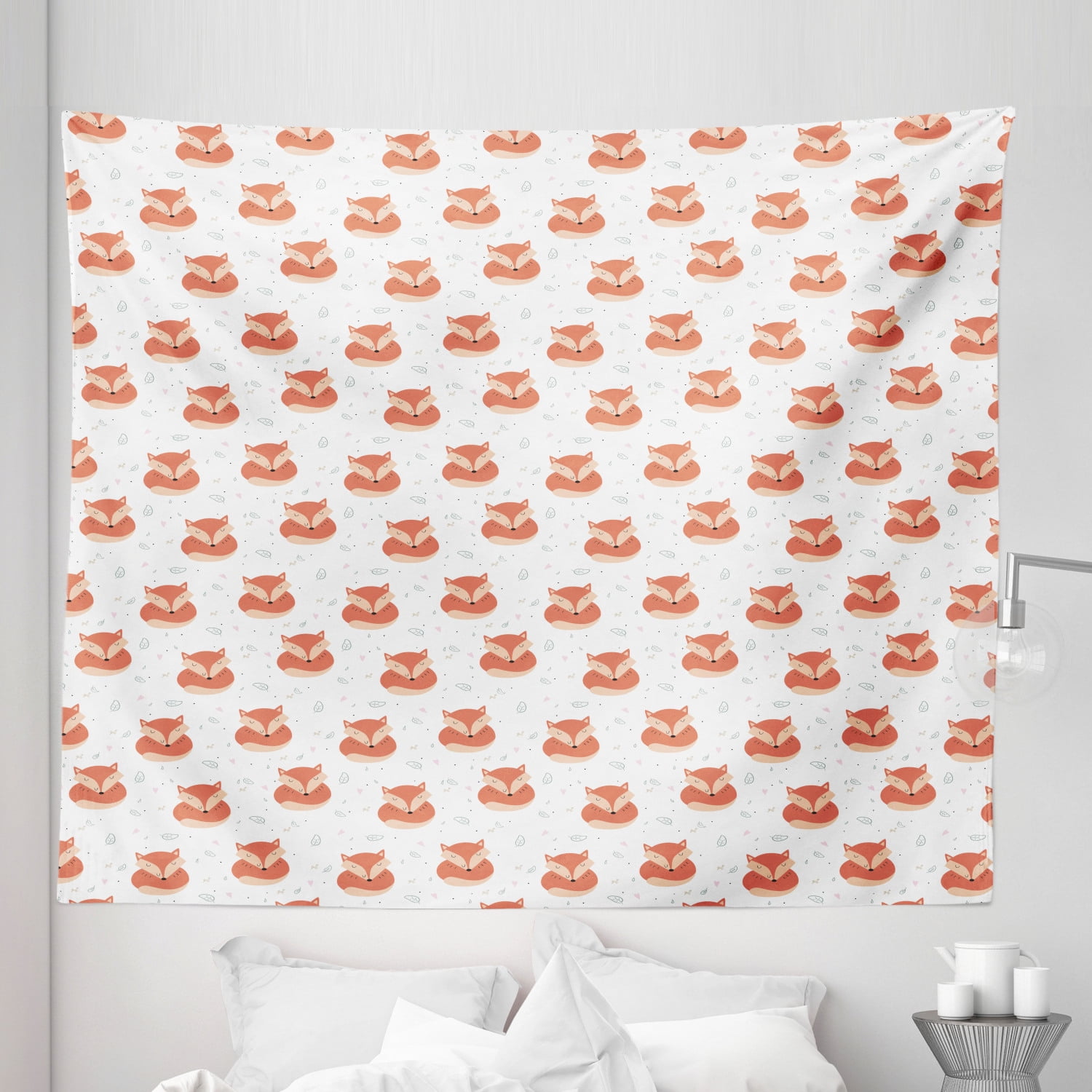 Fox Tapestry, Sleeping Animals Pattern on Heats and Leaves Background ...
