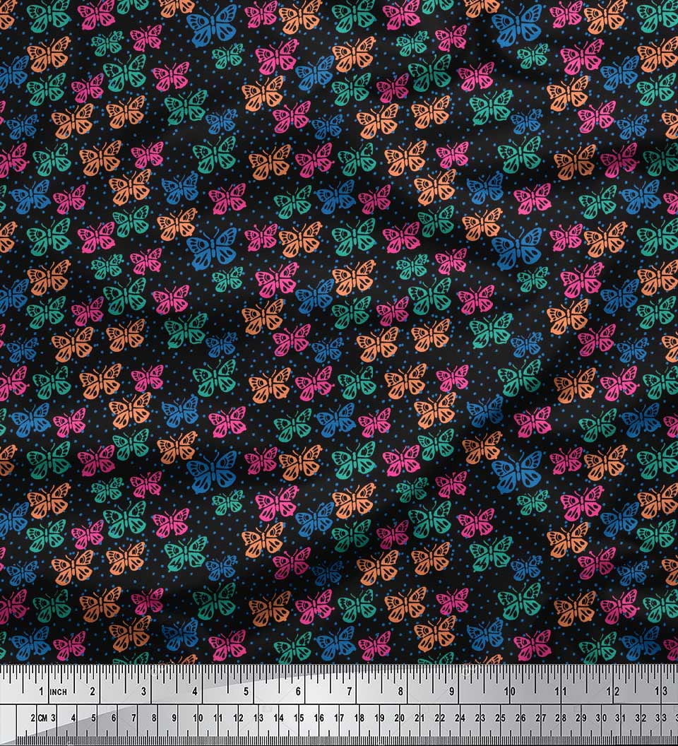 Soimoi Black Silk Fabric Dot & Butterfly Print Fabric by Yard 42 Inch ...