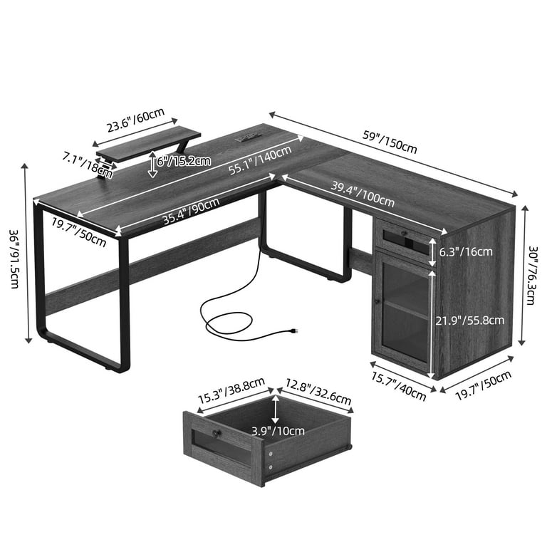 Dextrus L Shaped Desk with Power Outlets Drawer LED Lights Reversible Design File Cabinet Study Gaming Station