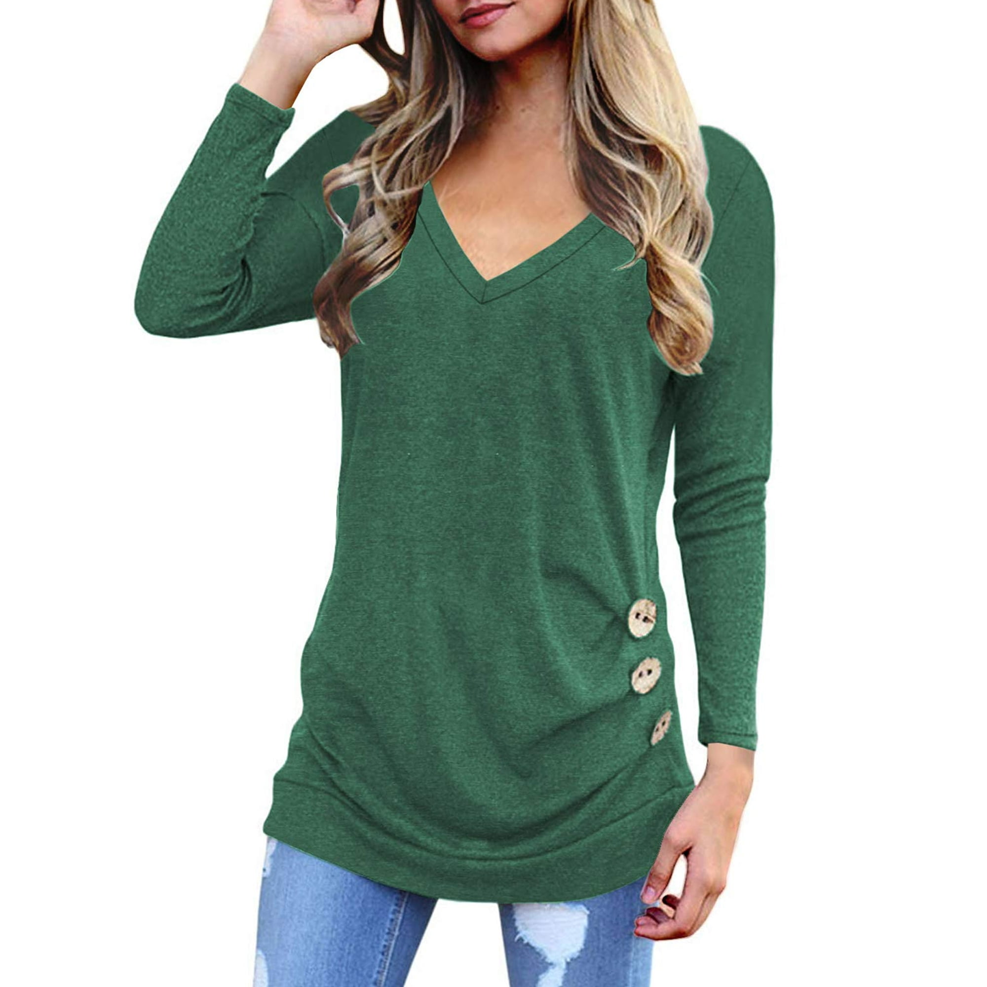 Swqzvt Womens Casual Tops Long Sleeve Blouses With Side Buttons Decor V