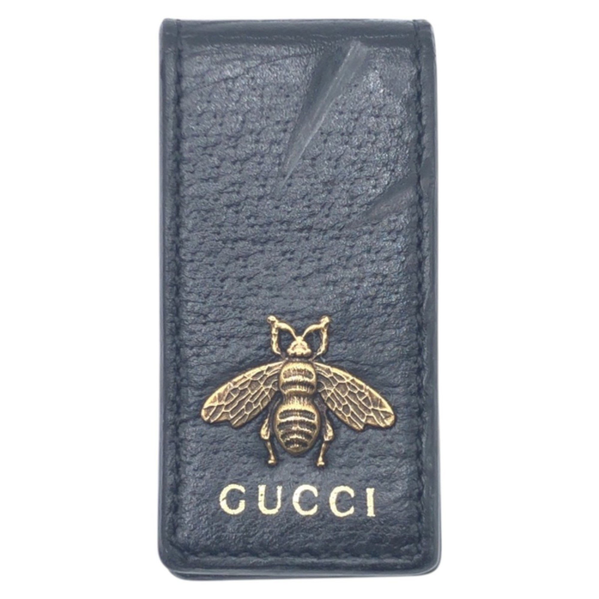 Pre-Owned GUCCI Animalier Bee Black Gold Leather Money Clip Wallet ...
