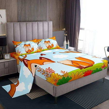 WEIS Cartoon Fox Sheet Set, Cute Fox Fitted Sheet Queen Size, Woodland ...
