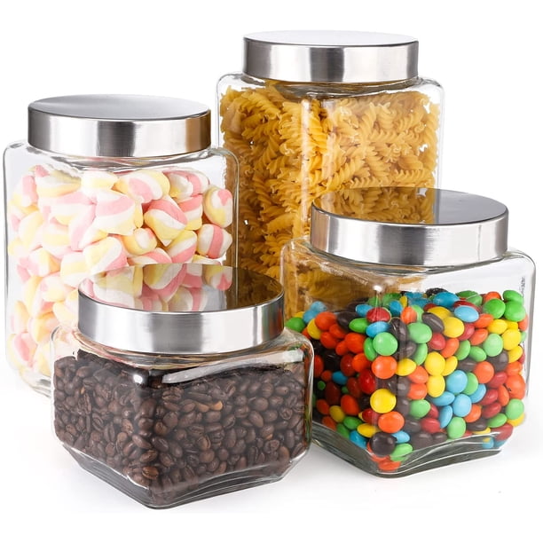 4 Pack Square Glass Canister with Stainless Steel Screw-on Lids, 4 ...