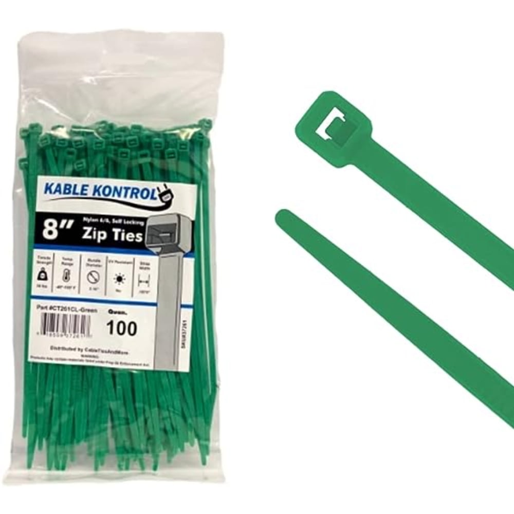 Kable Kontrol Zip Ties - 8" Long - 100 Pc Pk - Green color - Nylon - 50 Lbs Tensile Strength ...