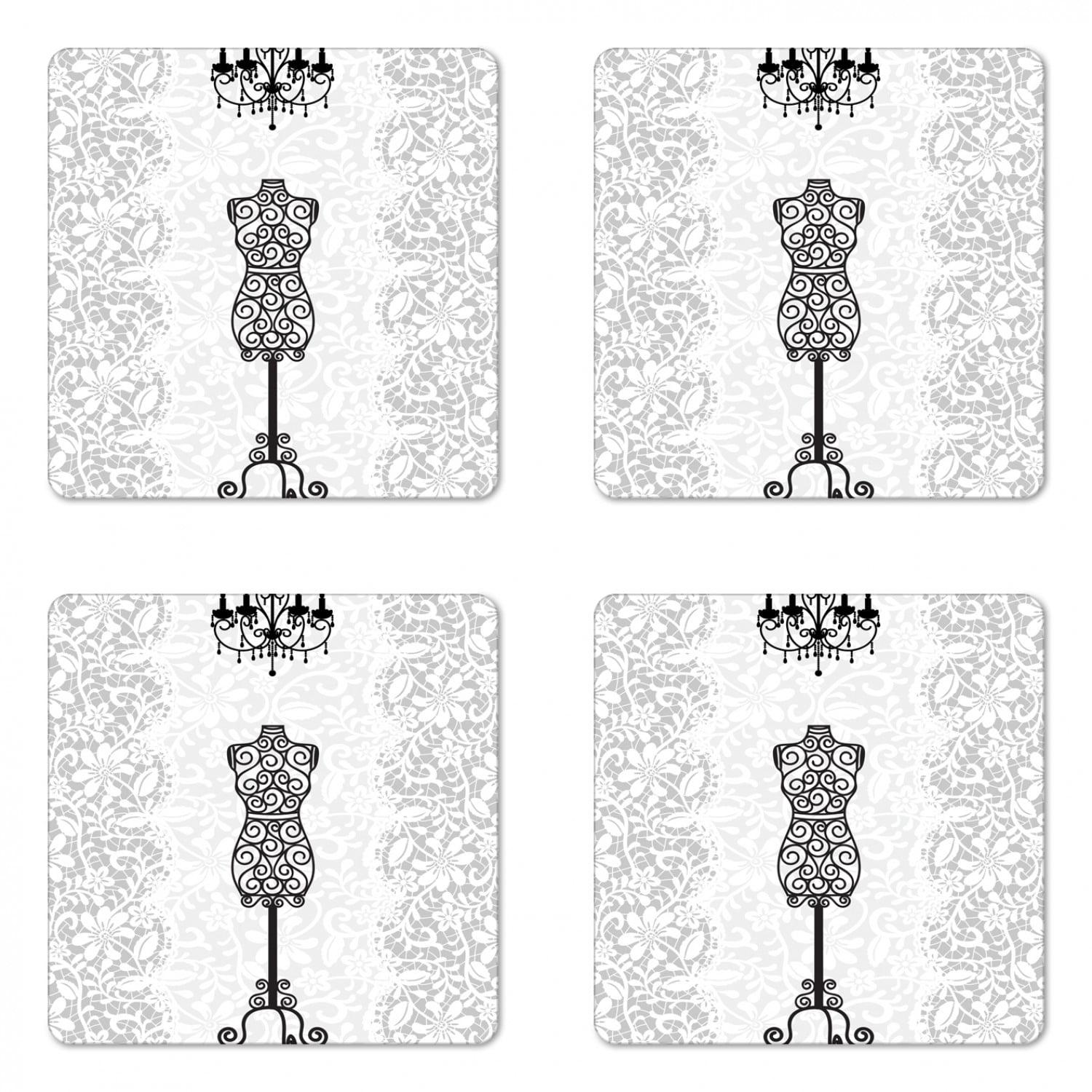 Vintage Coaster Set of 4, Greyscale Curlicue Damask Nostalgic Bust and ...