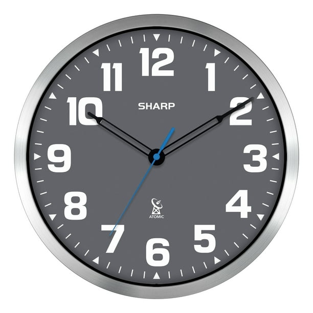Sharp Atomic Analog Wall Clock - 12" Grey Face Silver Finish Auto Set Battery Opp Modern Design ...