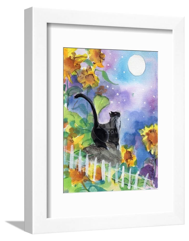 TUXEDO CAT MOONLIGHT SUNFLOWERS Framed Print Wall Art by sylvia ...