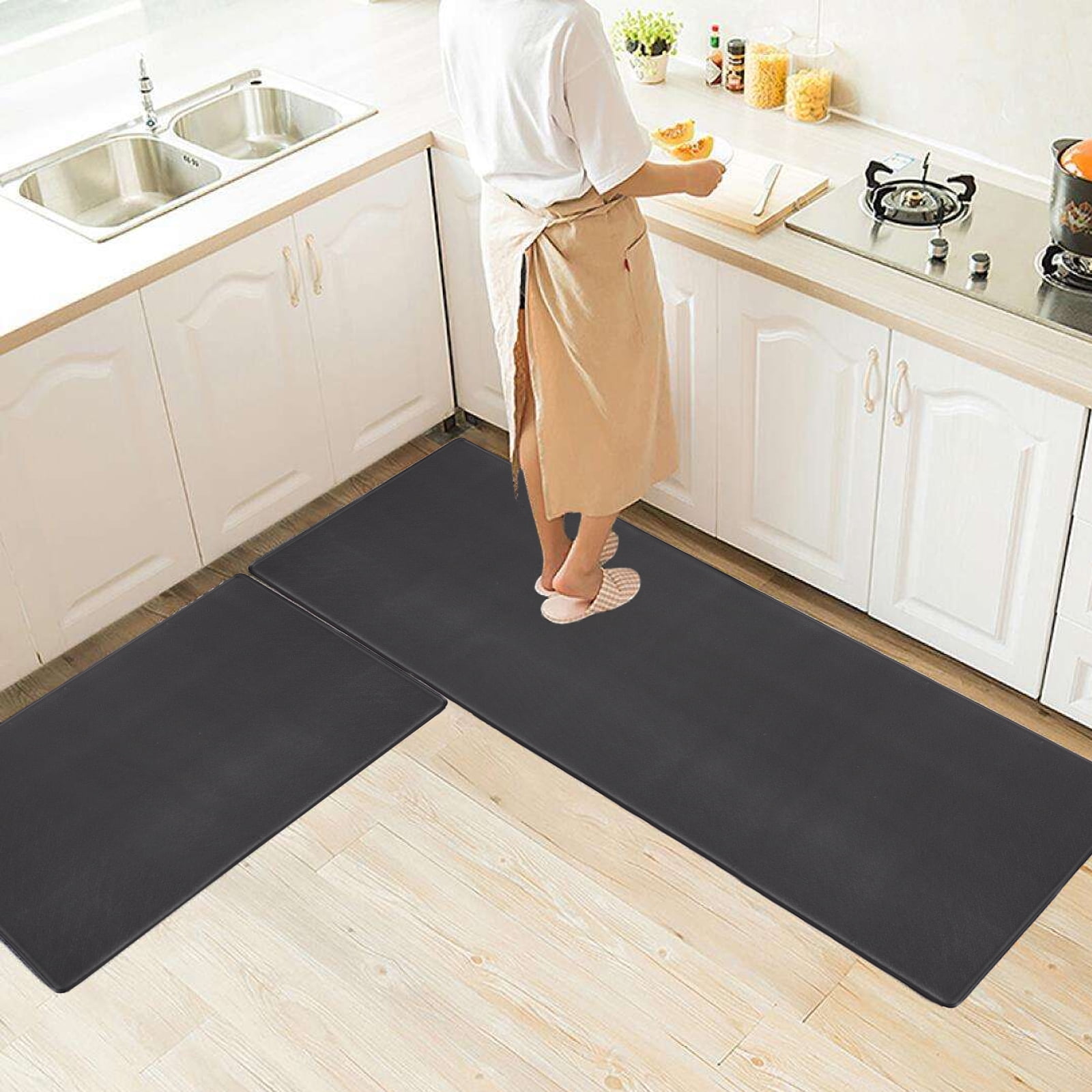 Black 2Pcs Kitchen Mat PVC Cushioned Anti Fatigue Waterproof Mat ...
