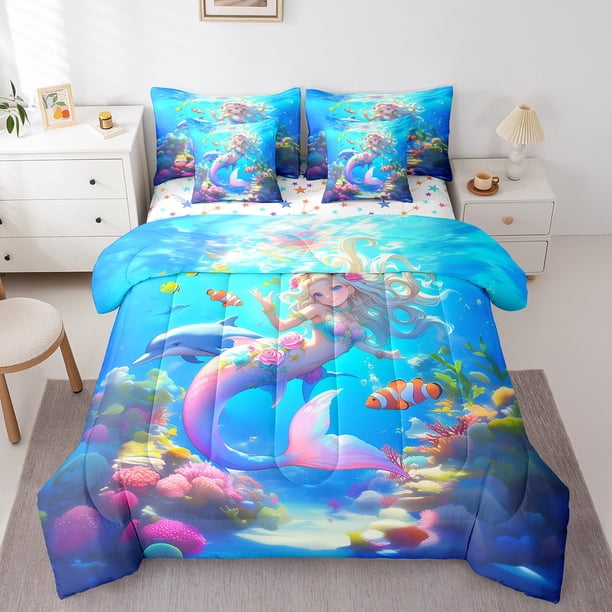 Girls Mermaid Bedding Set Fantasy Magical Mermaid Twin Comforter Set 7 ...