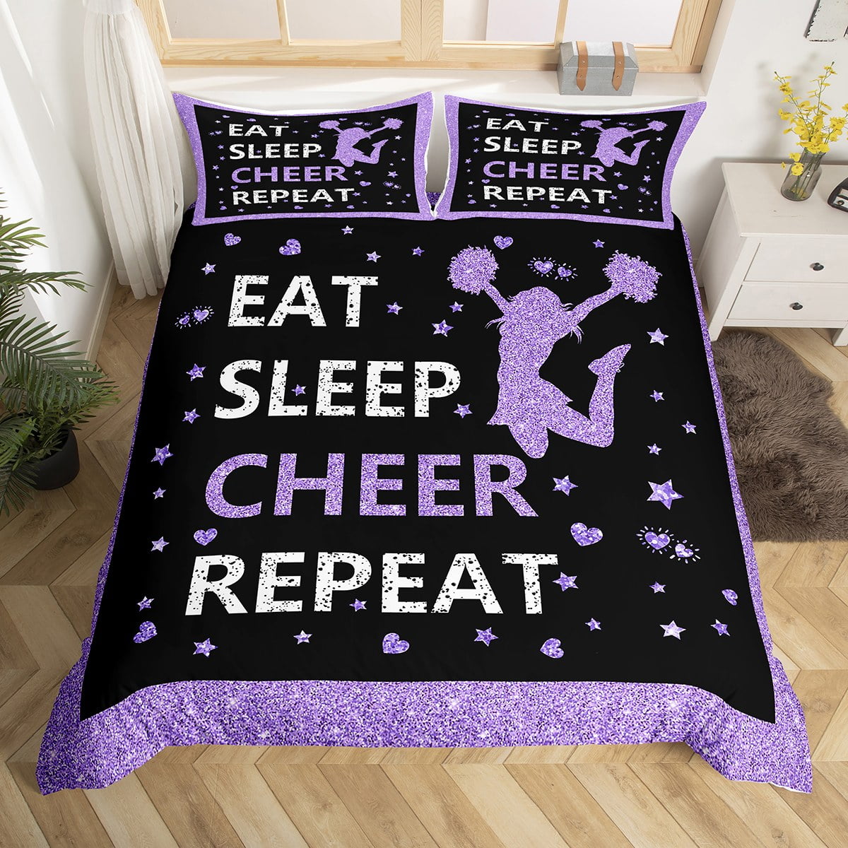 Purple Black Cheerleader Bedding Set For Teen Girls King,Eat Sleep ...