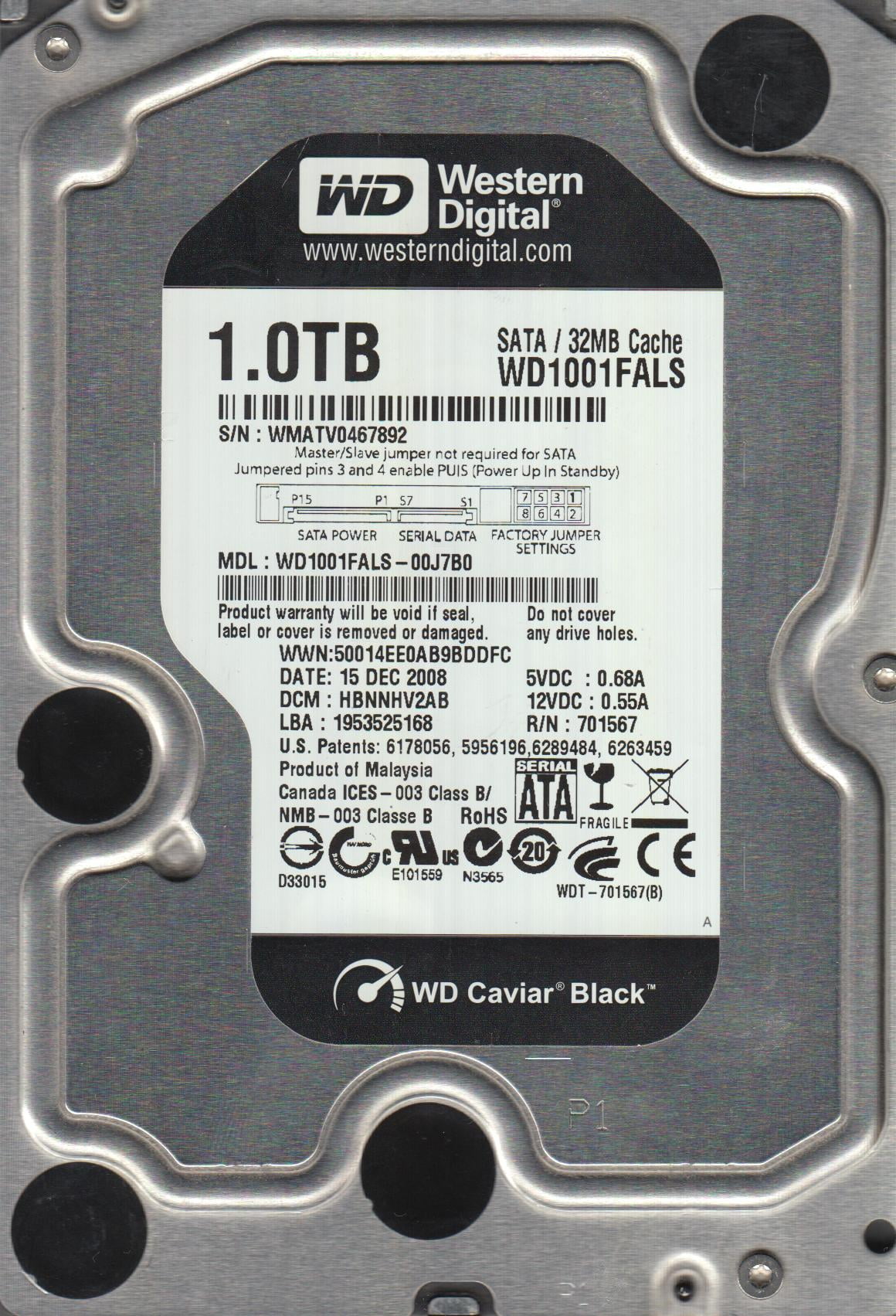 WD1001FALS-00J7B0, DCM HBNNHV2AB, Western Digital 1TB SATA 3.5 Hard ...