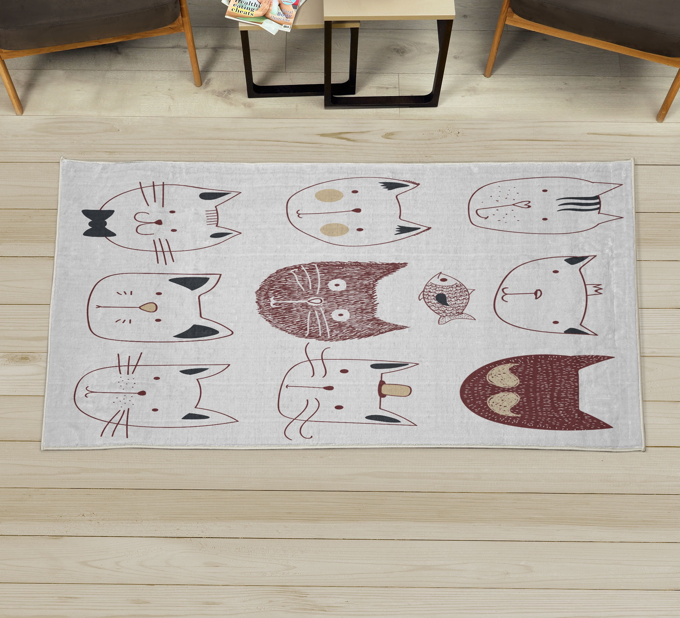 Cat Decorative Rug, Pets Moustache Bow Tie Hat Crown Fluffy and Fish ...
