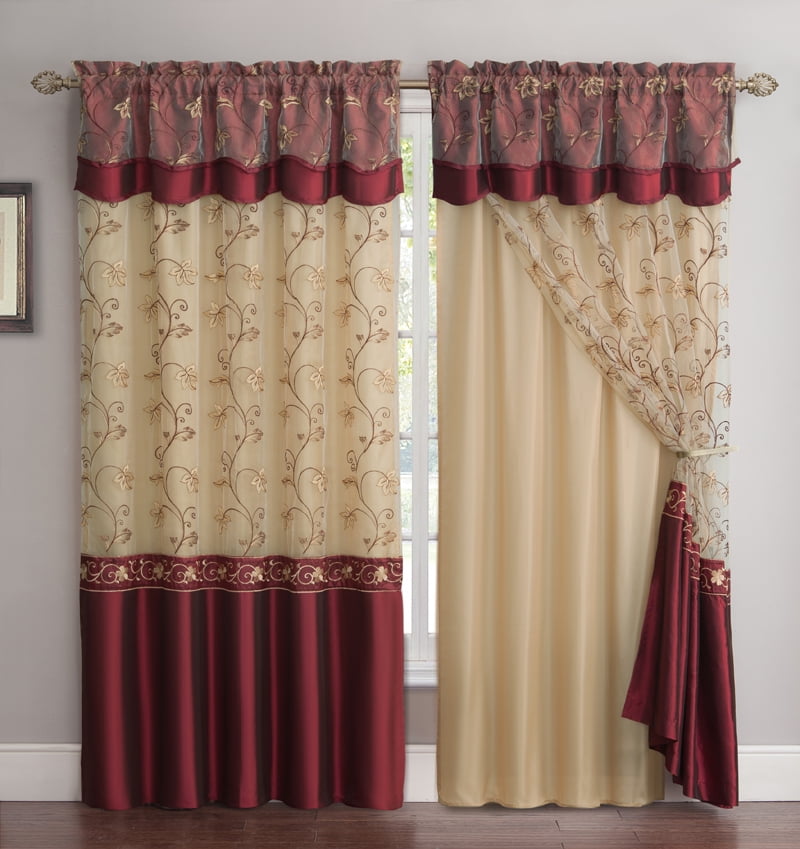 All-in-One Burgundy Window Curtain Drapery Panel: Double-Layer, Solid ...