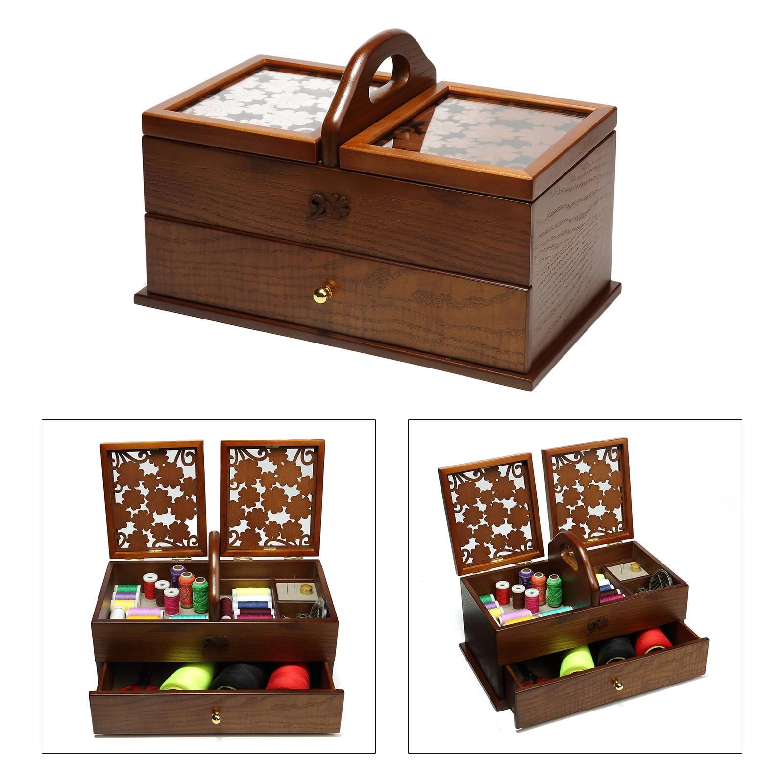 Clever 2 Tier Sewing Basket Box Lightweight Wooden Jewelry Storage Box ...