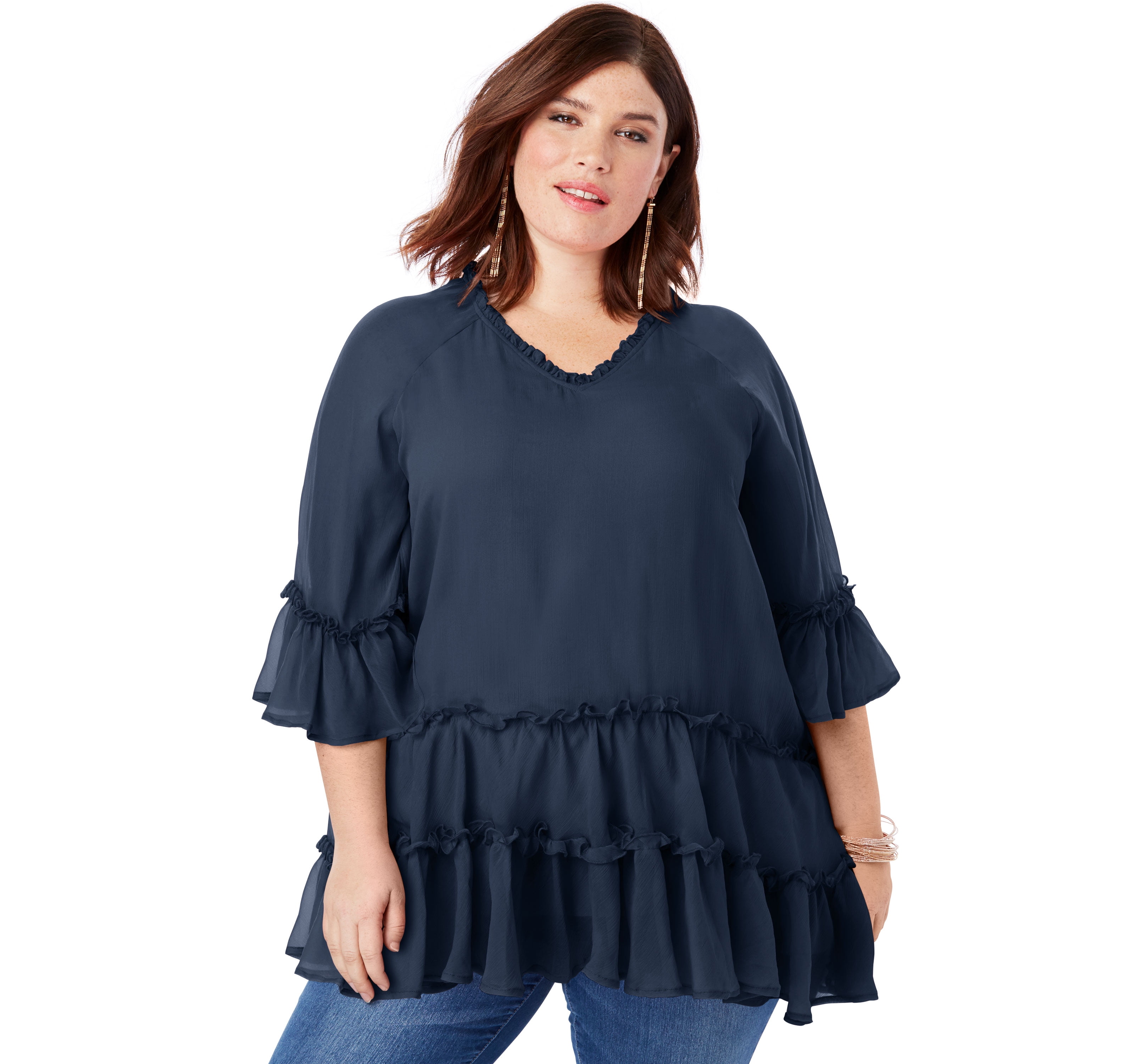 Roamans Roamans Plus Size Tiered Ruffle Tunic With Bell Sleeves