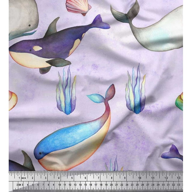 Soimoi Velvet Fabric Shell & Whale Fish Ocean Print Fabric by the Yard ...