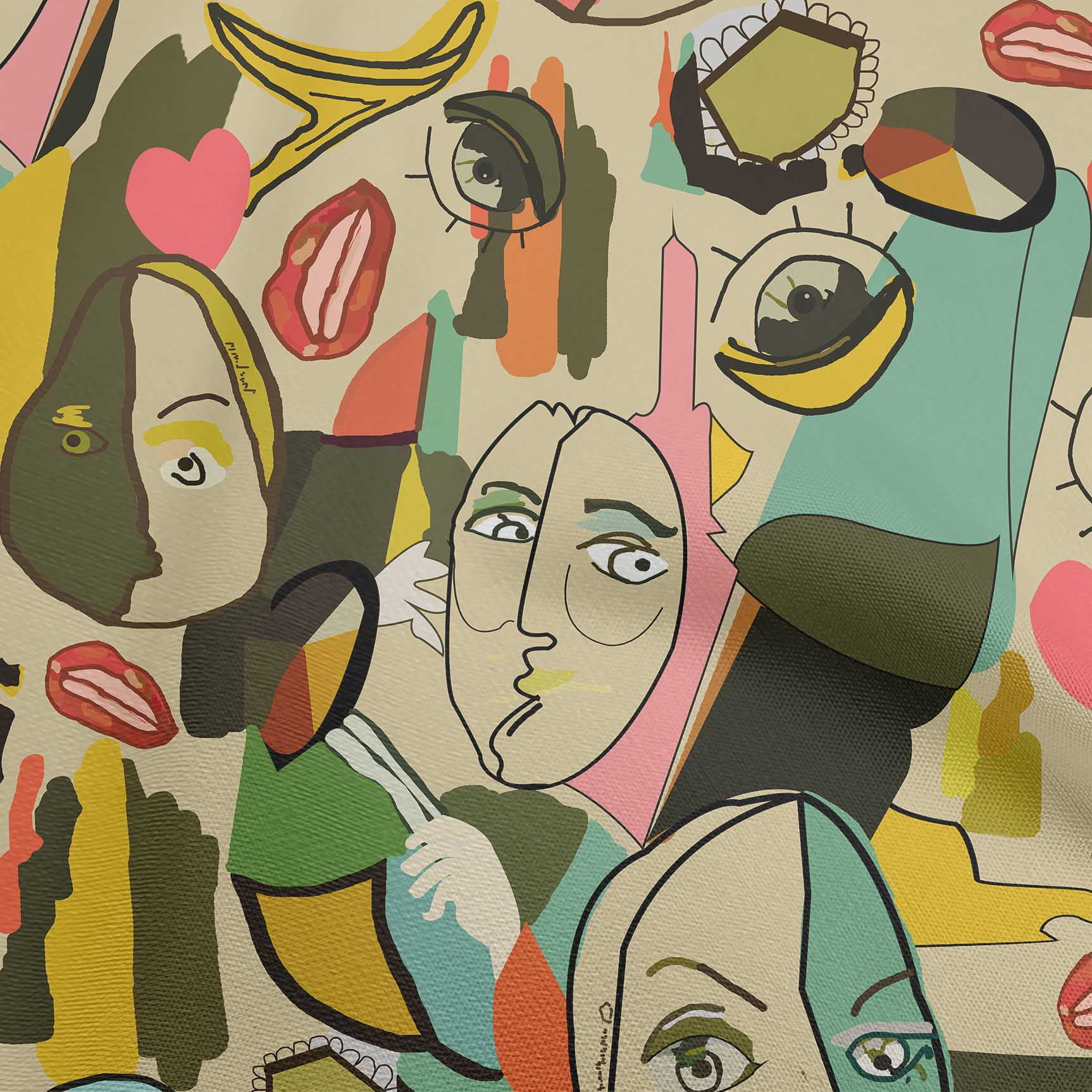 oneOone Cotton Cambric Beige Fabric Abstract Comic Face Sewing Craft ...