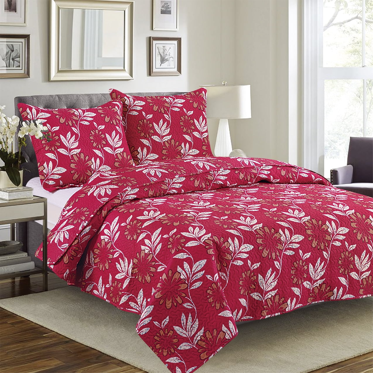 Nikita - 3 Piece Reversible Quilt Set and shams - Red Floral - Walmart.com