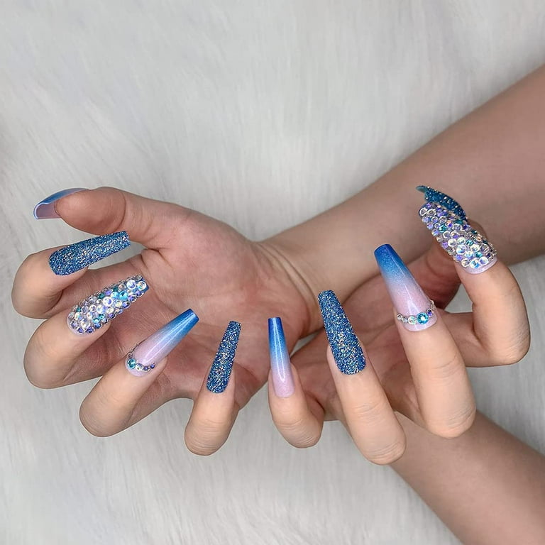 Silver And Blue Sparkle Acrylic Nails