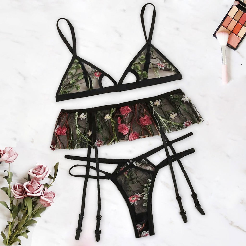 Fengqque New Women Plus Size Embroider Bra Thong Garter Lingerie Set