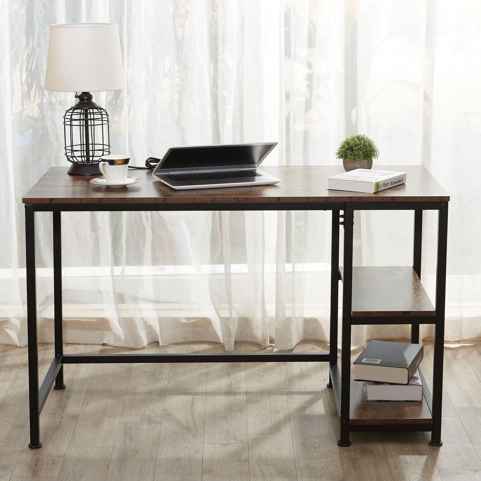 120x60 cm Home Office Desk Walnut Computer Desk & Writing Table w Open ...