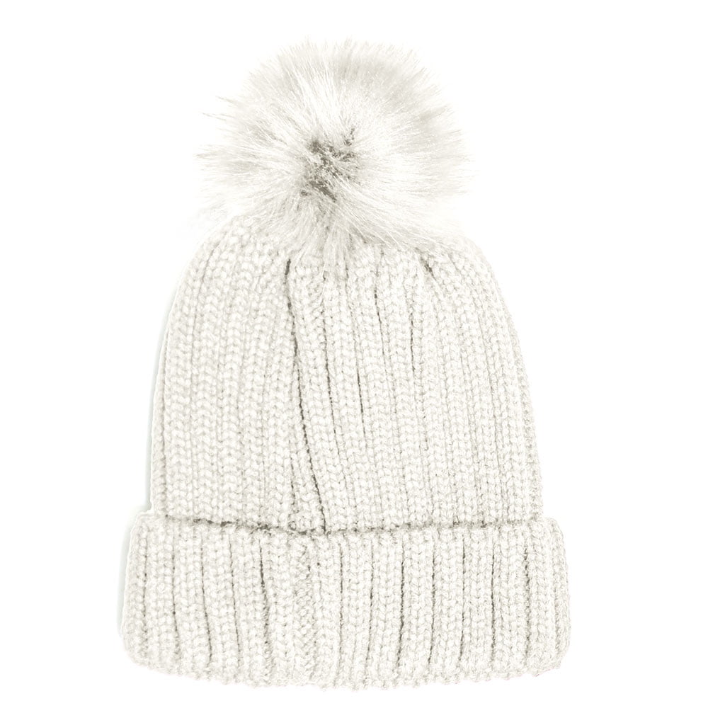 Unisex Cable Knit Faux Fuzzy Fur Pom Skull Cap Cuff Beanie, White ...