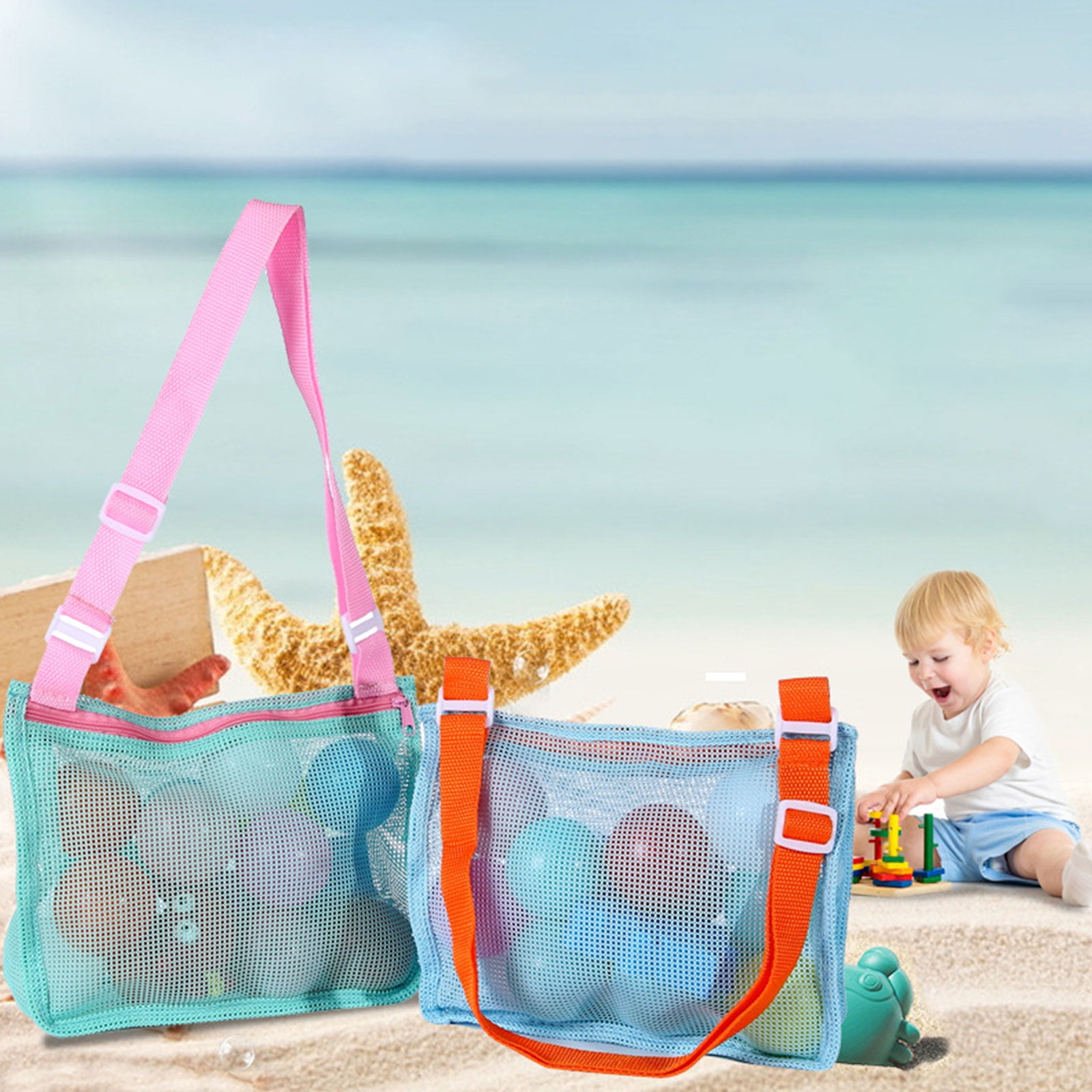 COUTEXYI Beach Toy Mesh Beach Bag Kids Shell Collecting Bag with ...