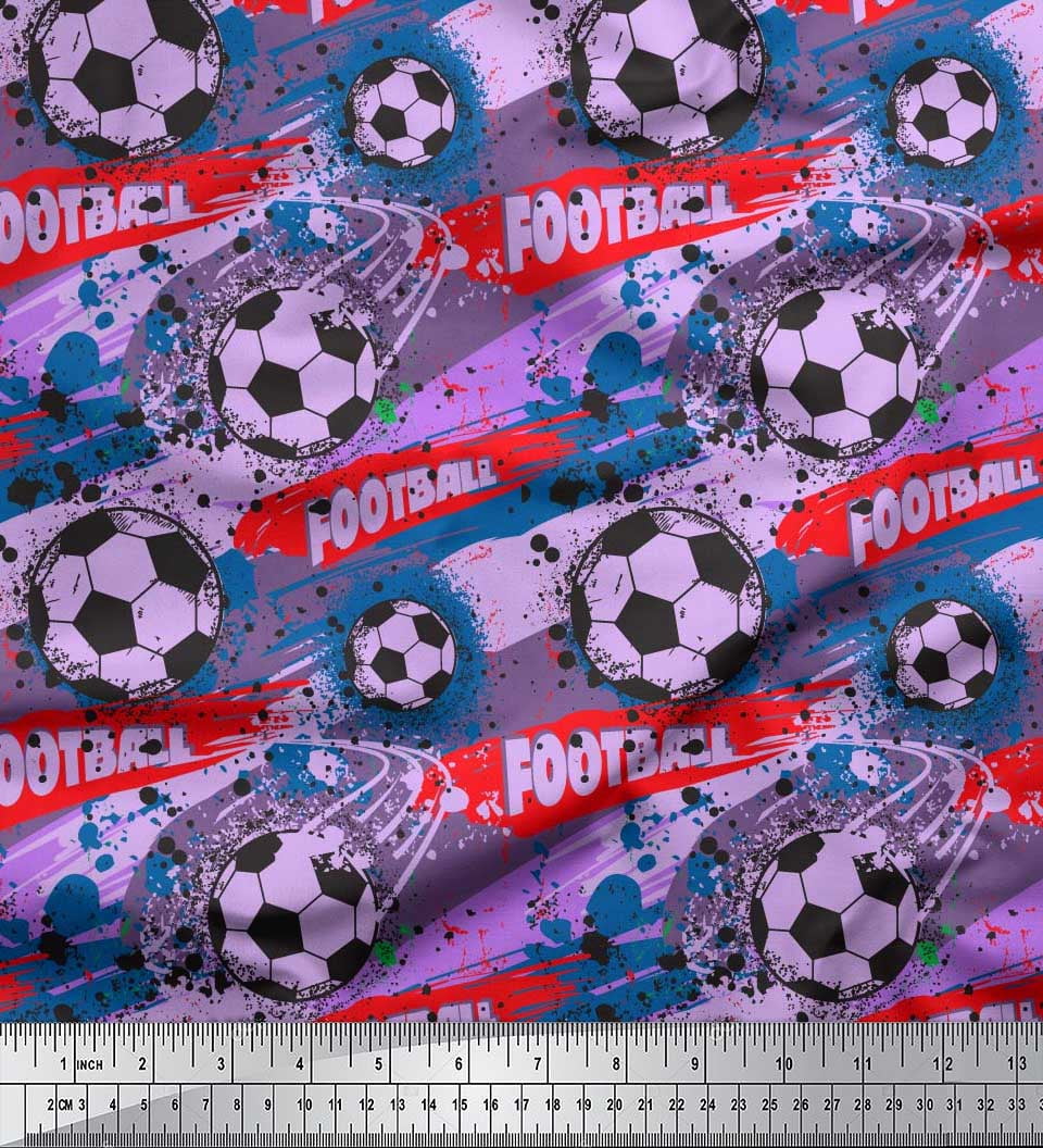 Soimoi Purple polyester Crepe Fabric Brush Stroke & Football Sports ...