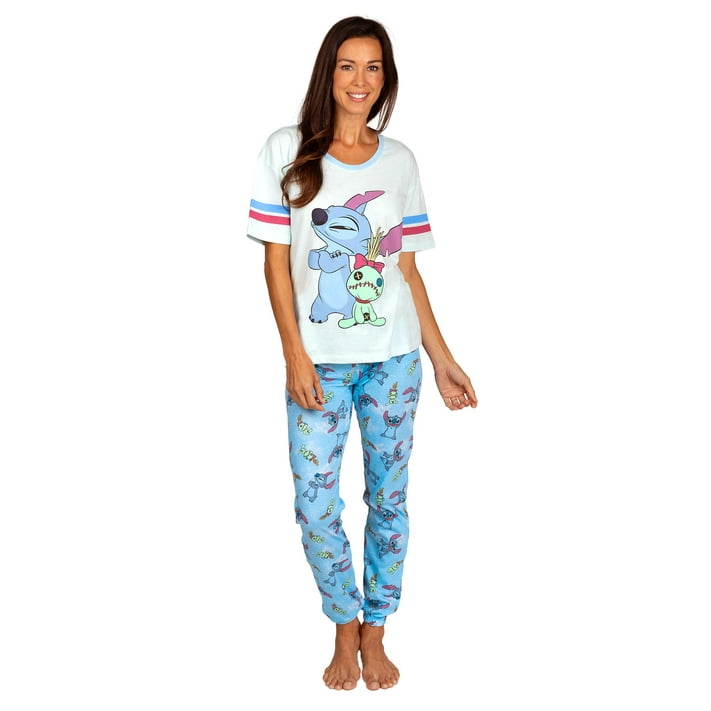 Disney Stitch And Scrump Womens 2 Piece Pajama Set Varsity Tee And