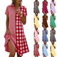 aohooy Womens Color Block Gingham Shirt Dress Collared Short Sleeve A ...