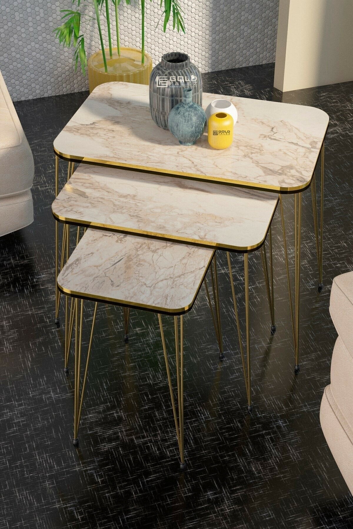 Black Marble Nesting Coffee Table with Gold 3-Rod Metal Legs ...