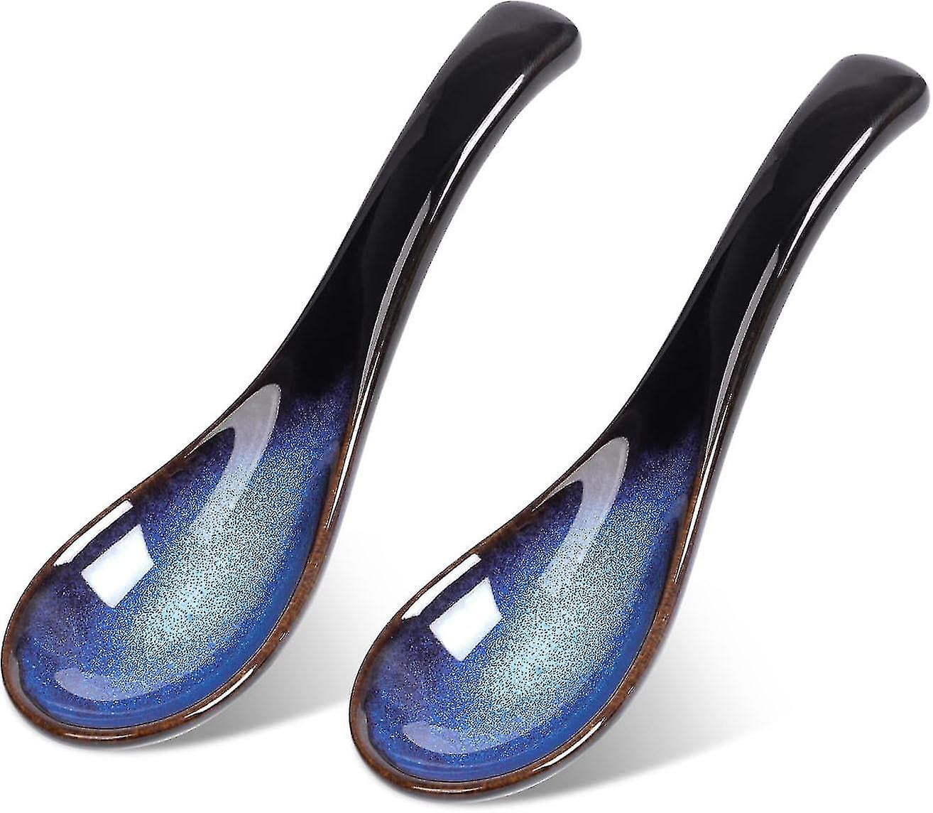 Asian Soup Spoon Set, Blue Japanese Soup Spoon Ceramic Chinese Soup ...