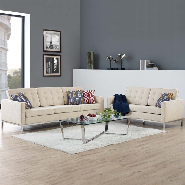 Modway Loft 2 Piece Upholstered Fabric Sofa and Loveseat Set, Multiple ...