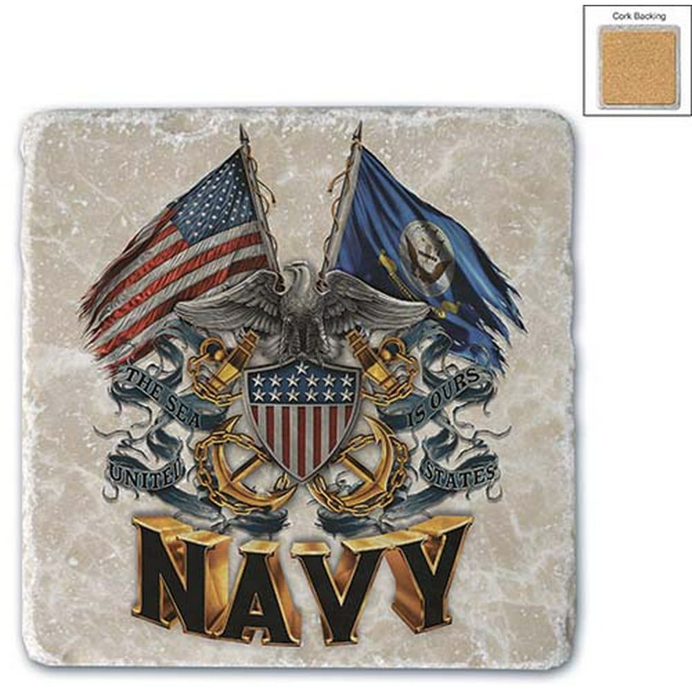US Navy Double Flag Eagle Navy Shield Single Natural Stone Coaster ...
