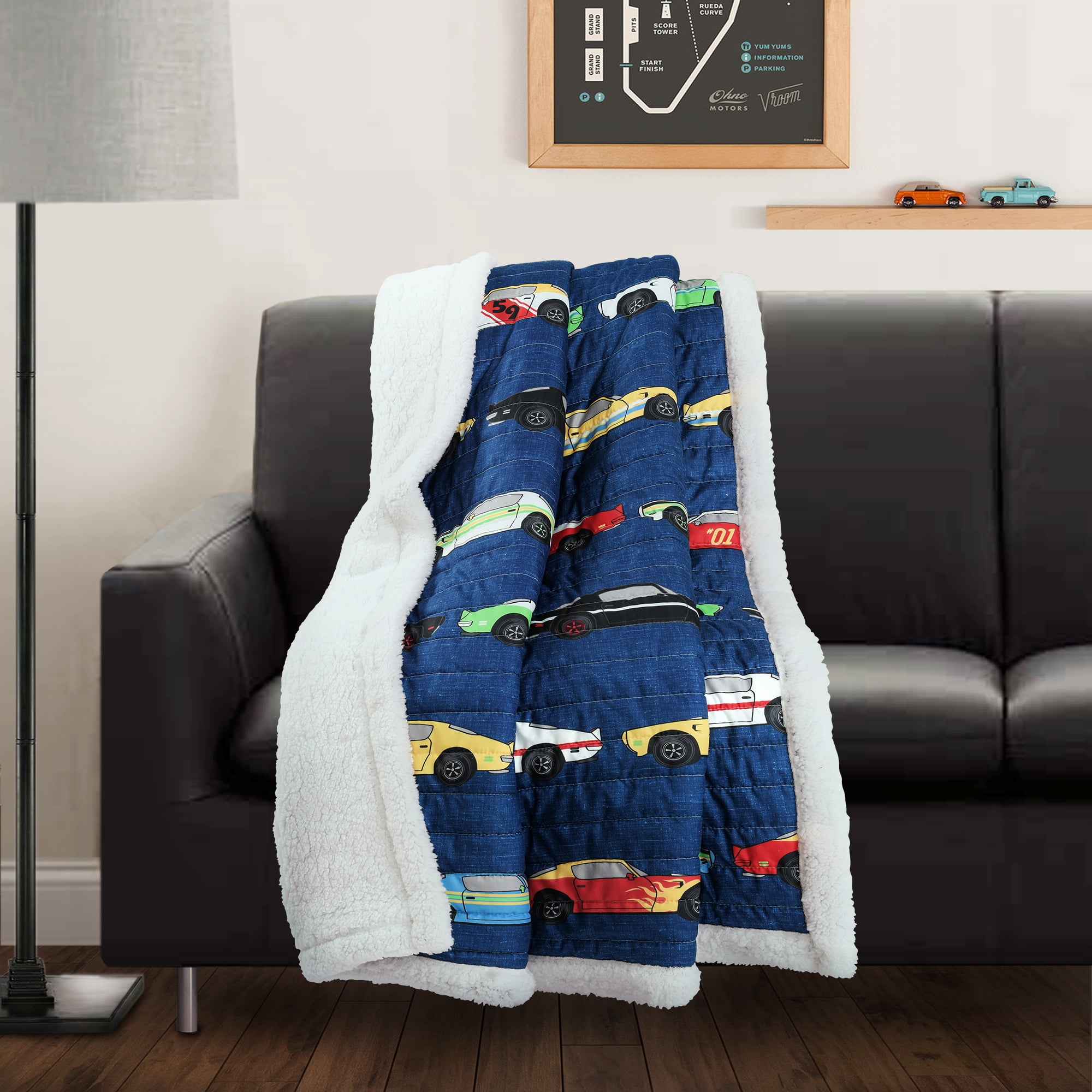 Lush Decor Race Cars Kids Print Sherpa Reverse Throw, 60" x 50", Navy ...