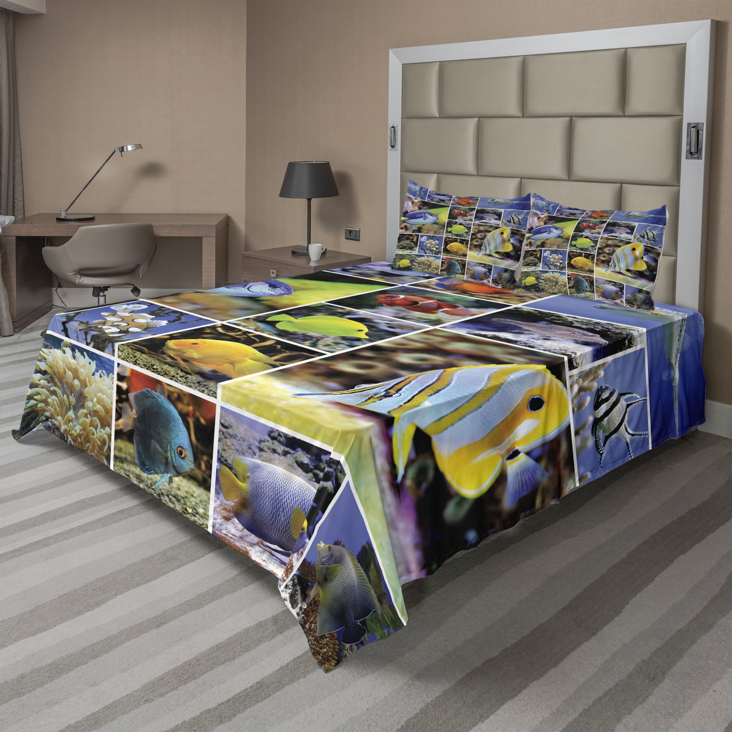 Ocean Sheet Set, Collage of Underwater Photos with a Group of Tropical ...