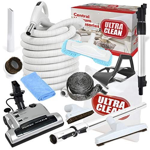 Ultra Clean Central Vacuum Carpet Attachment Kit With Adjustable Height Electric Power Nozzle - Dual Voltage 24v / 110v Hose With 3-Way On/Off Switch