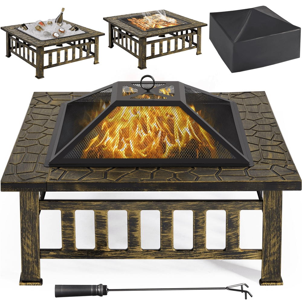 Topeakmart 34'' Outdoor Metal Square Fire Pit with Cover & Poker ...