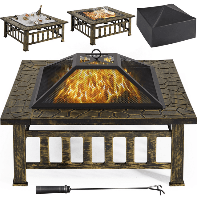 Topeakmart 34'' Outdoor Metal Square Fire Pit with Cover & Poker ...