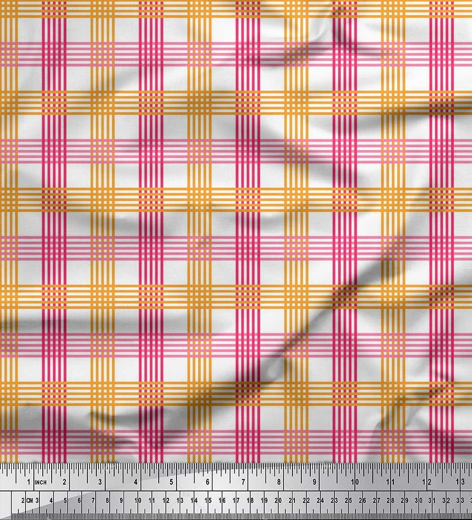 Soimoi Orange Cotton Voile Fabric Window Pane Check Printed Craft ...