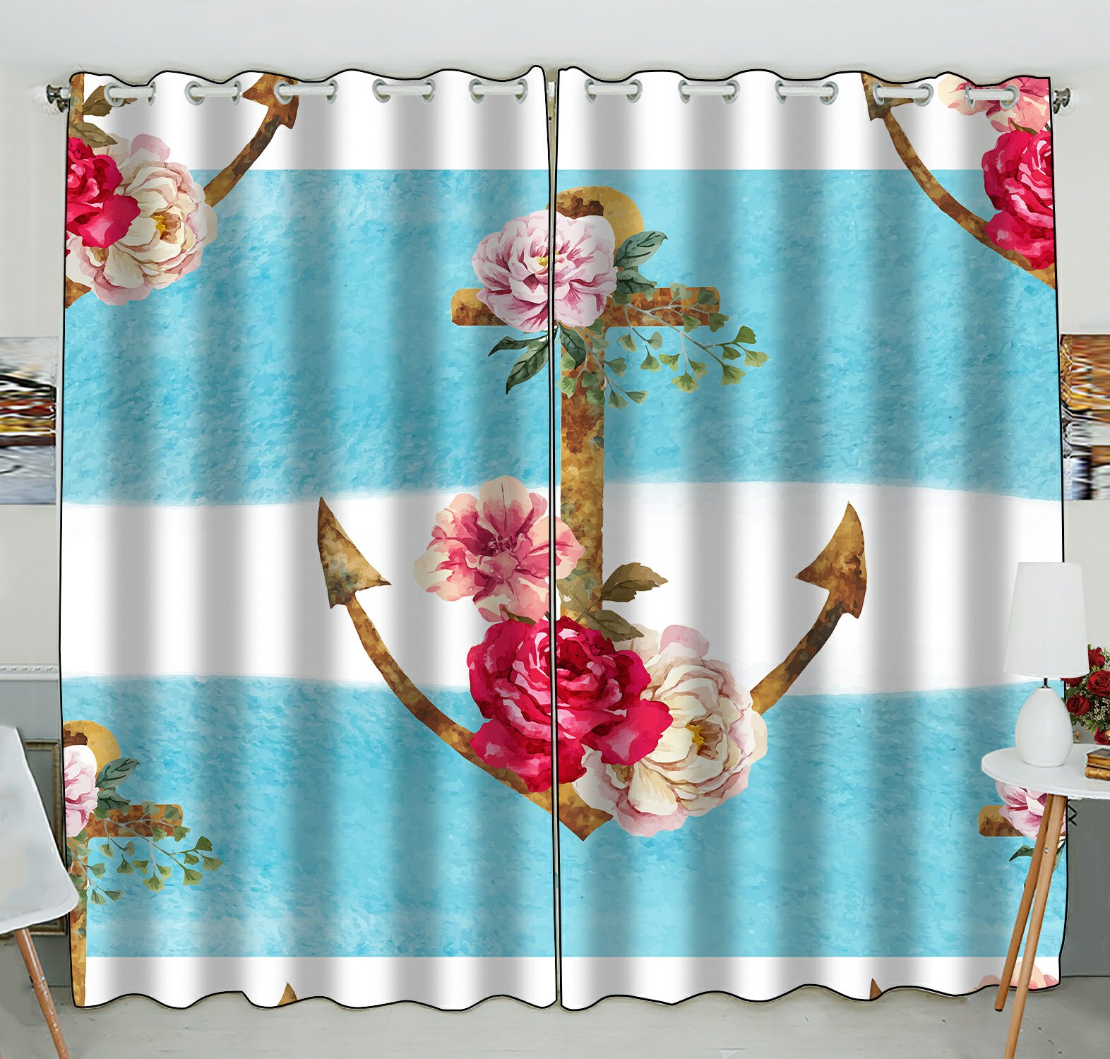 PHFZK Nautical Theme Window Curtain, Watercolor Blue Stripes Anchor ...