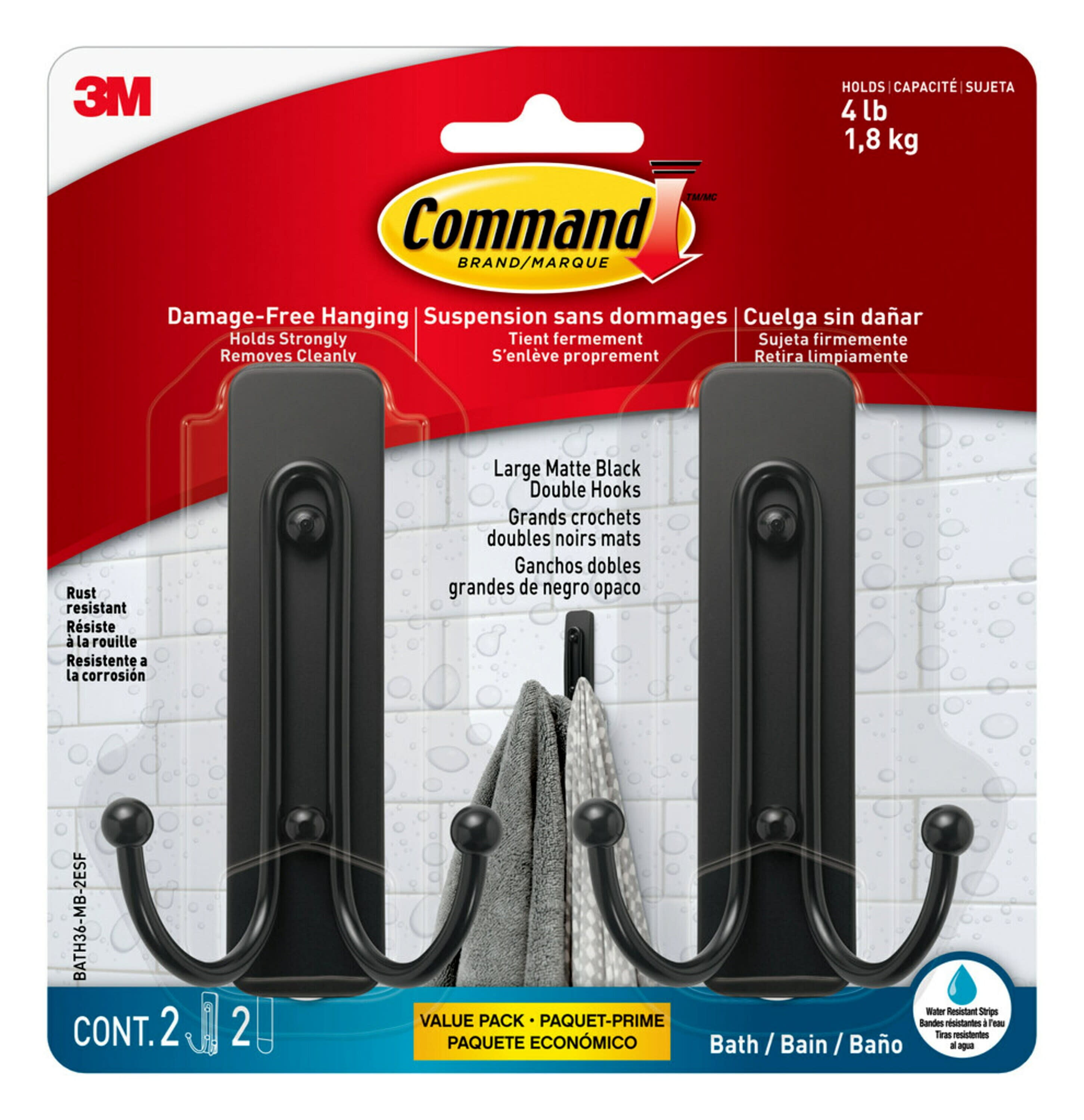 Command Bath Large Matte Black Double Hooks, 2pk - Walmart.com