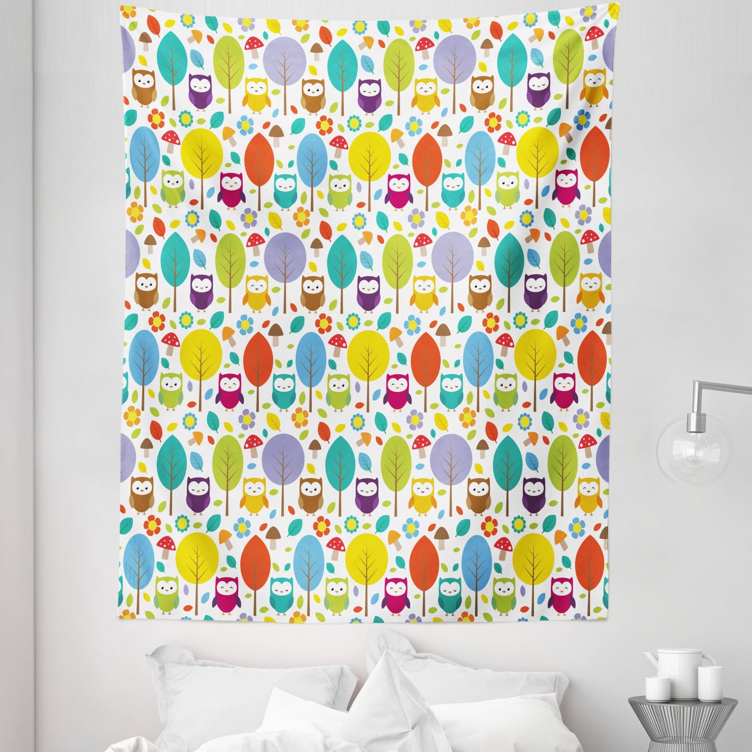 Cartoon Tapestry, Colorful Forest with Owls Trees Leafs Mushrooms and ...