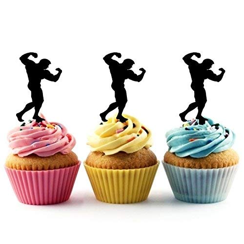 Bodybuilder Muscle Man Pose Silhouette Acrylic Cupcake Toppers 12 pcs ...