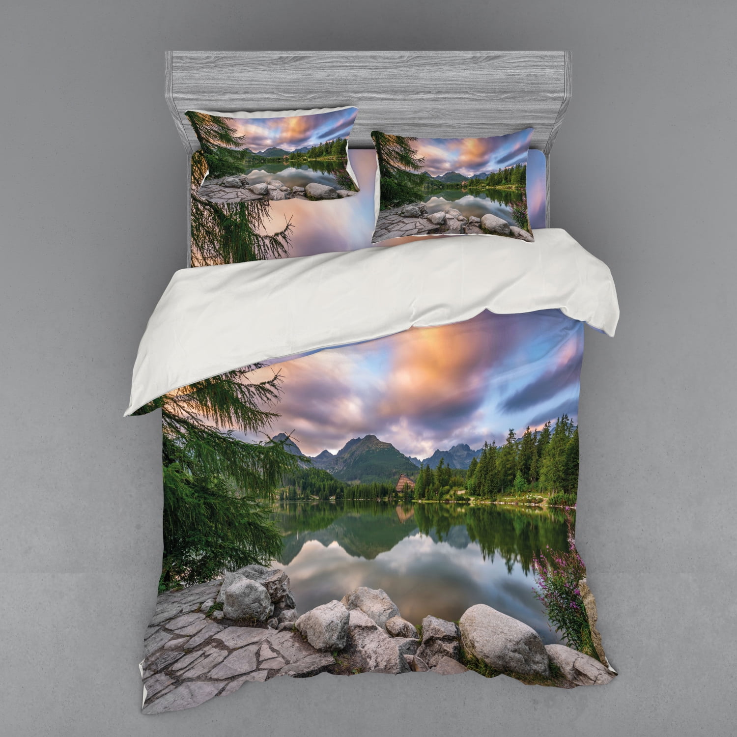 Ambesonne Nature Bedding Set 4 Pcs, Lake by Forest Mountain, Queen ...