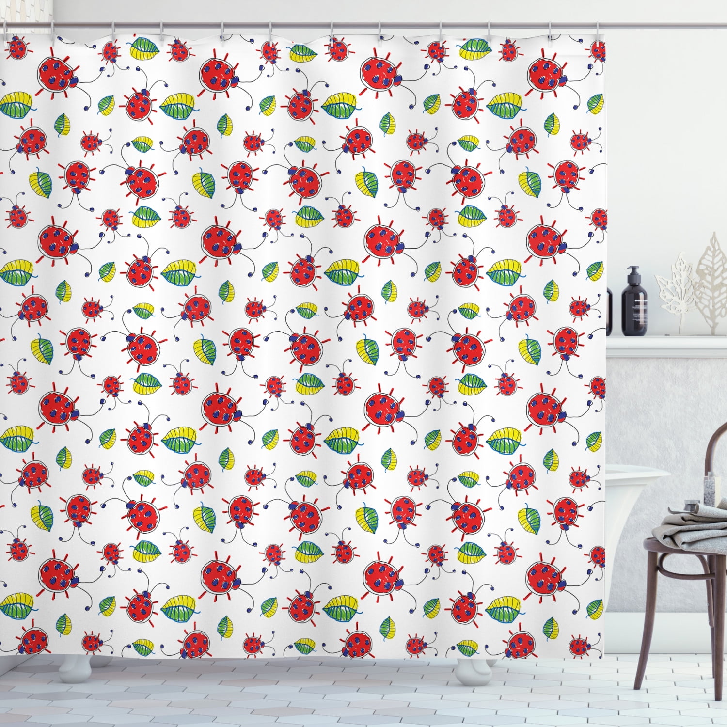 Ambesonne Ladybugs Shower Curtain, Doodle Cartoon, 69"Wx70"L ...