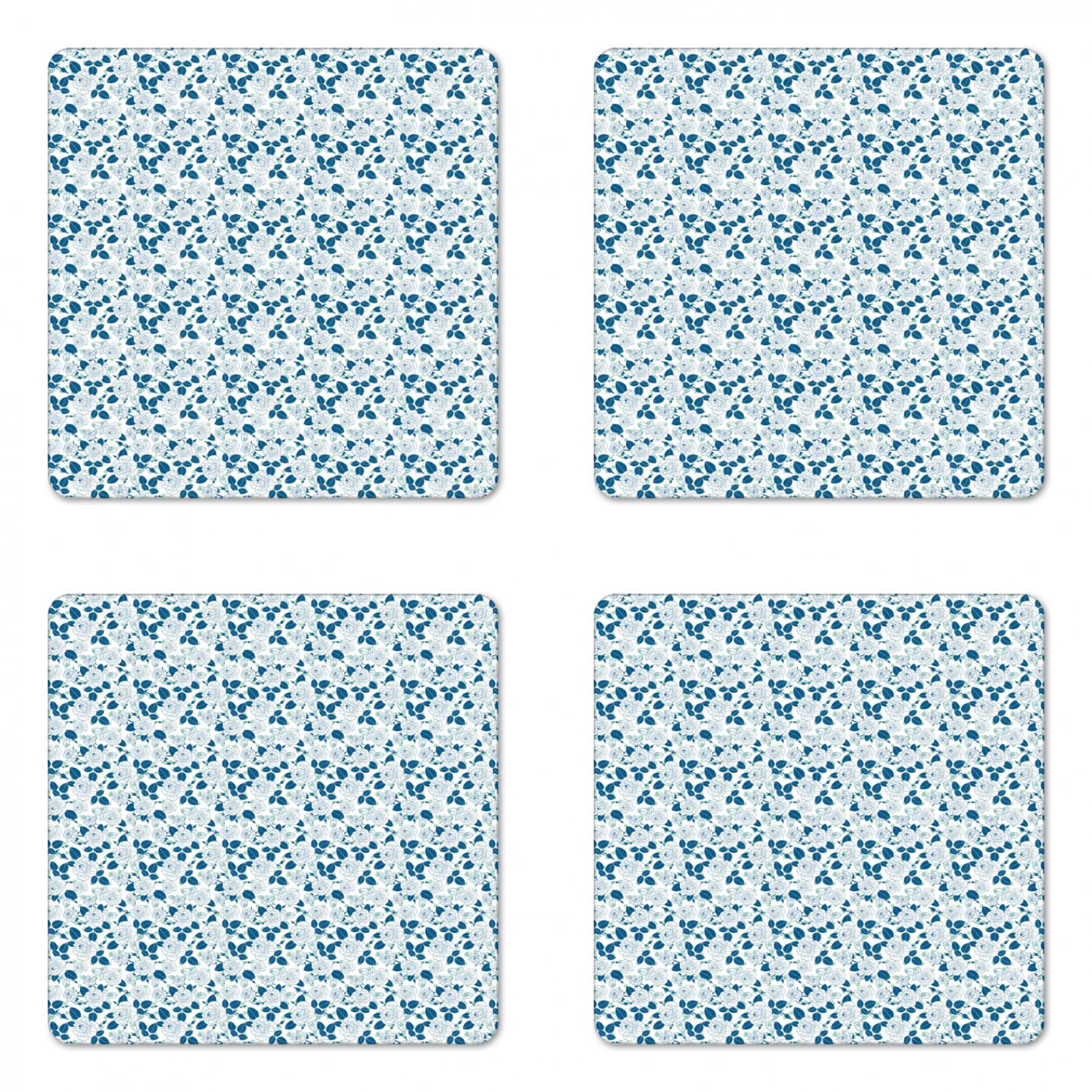 Flower Coaster Set of 4, Modern Floral Blossomed Outline Roses with ...