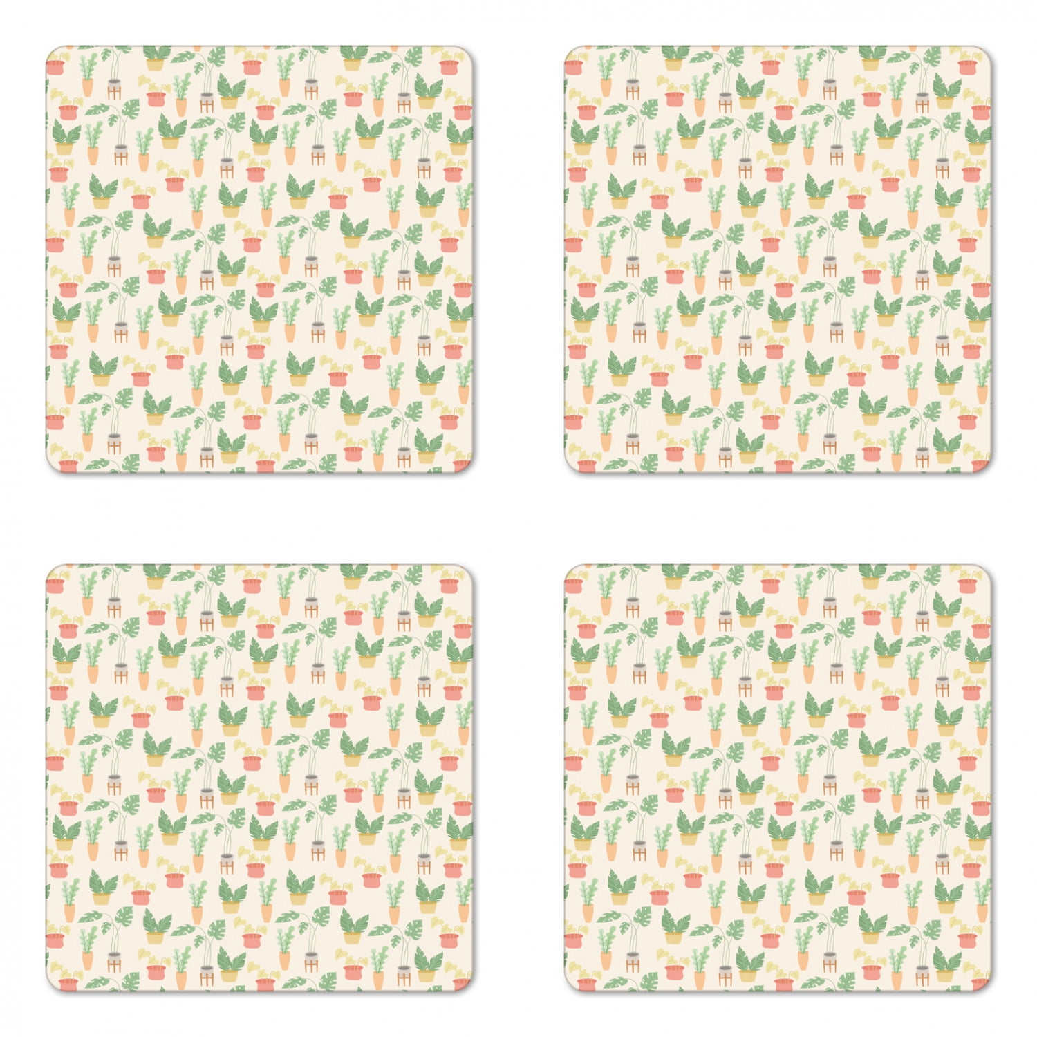 Botanical Coaster Set of 4, Exotic House Plants in Pots Modern Design ...